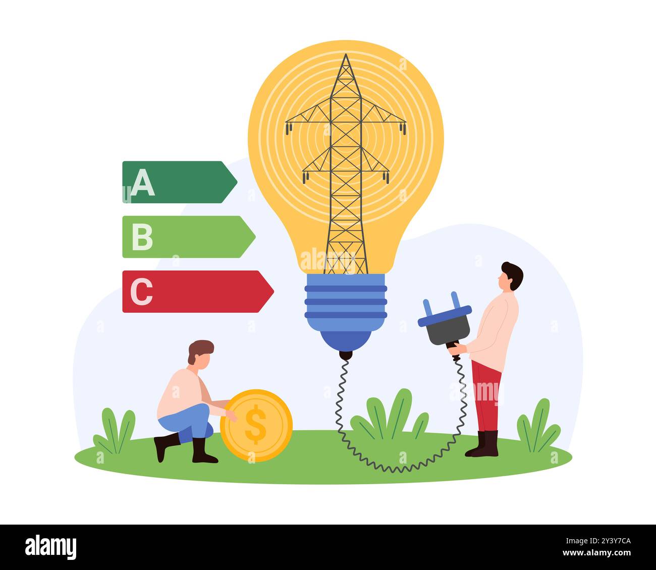 Awareness of electricity savings. Tiny people holding plug from light ...