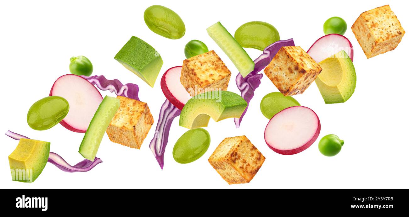 Vegetarian salad with Edamame beans and tofu cubes isolated on white ...