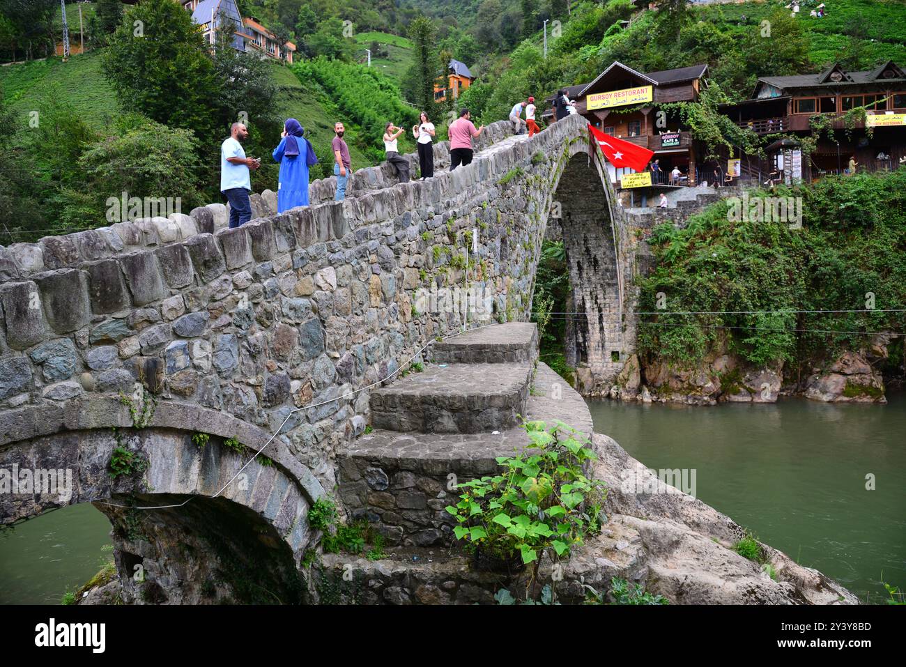 A view of the historical Timisvat Bridge and Firtina Valley in Rize ...
