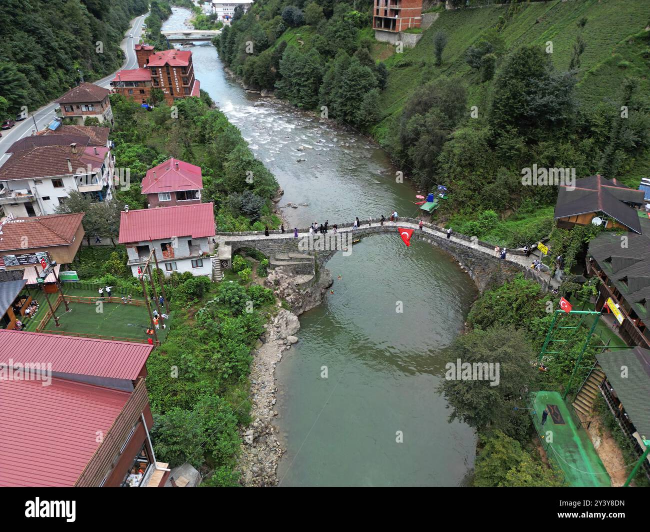 A view of the historical Timisvat Bridge and Firtina Valley in Rize ...