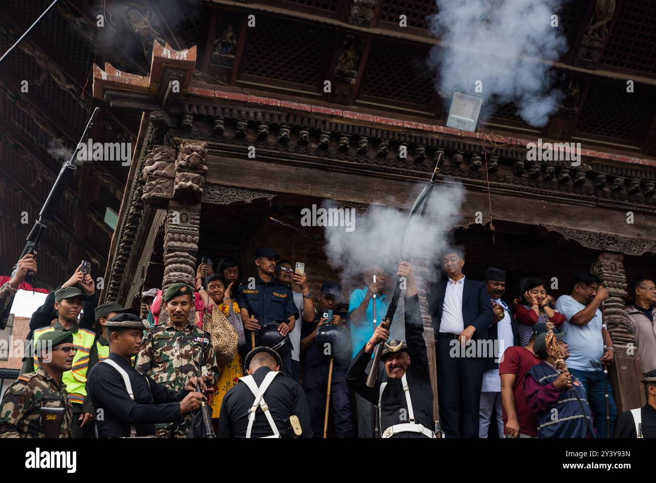 Kathmandu, Nepal. 15th Sep, 2024. The Gurju paltan army seen giving the ...