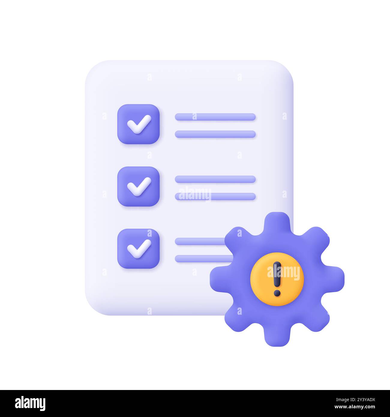 Document sheet with checklist and gear cogwheel with exclamation mark ...