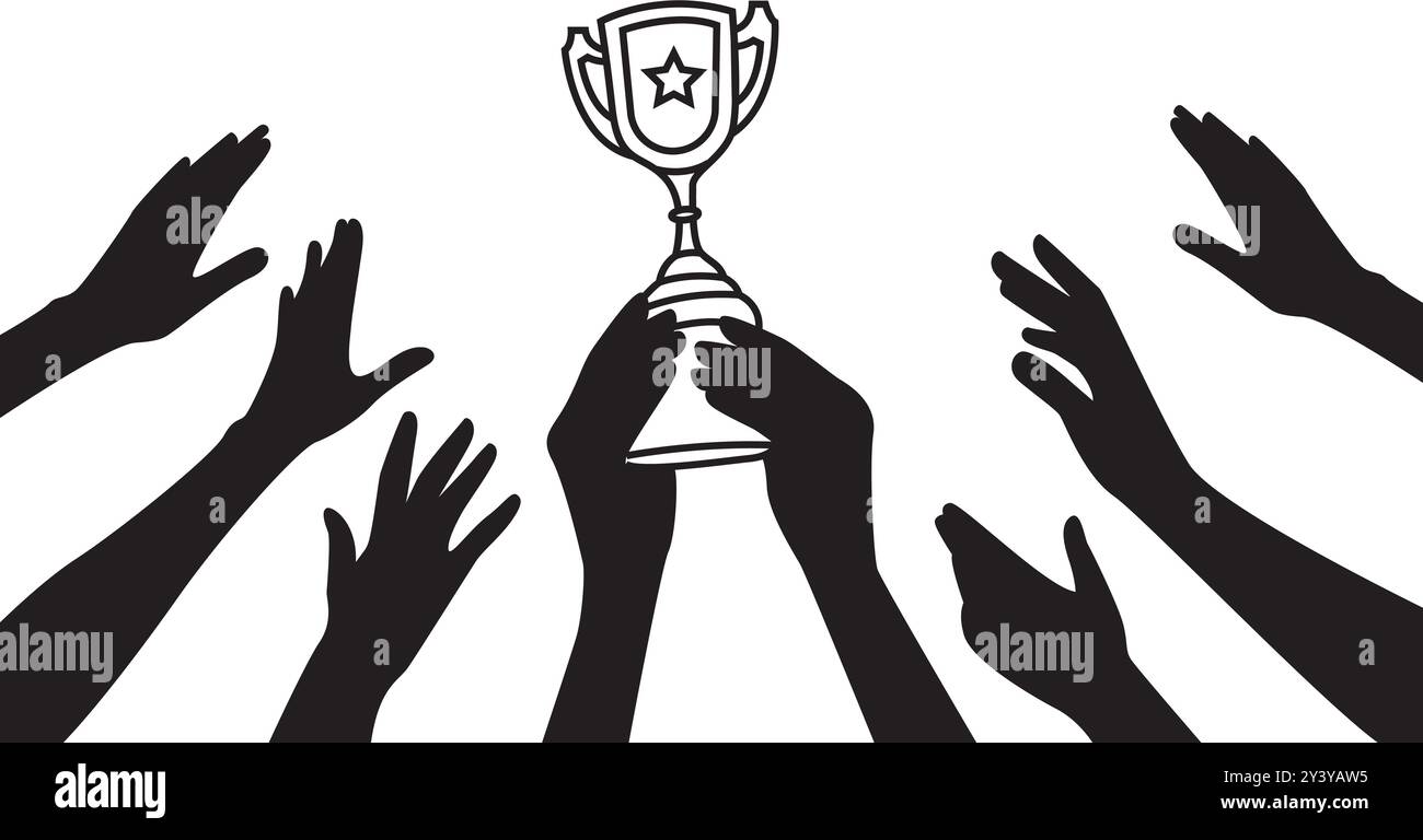 Winning team with trophy cup icon, Black on white flat vector Stock ...