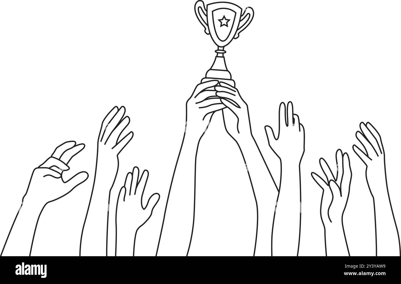 Many hands raised up. Winner is holding trophy in hands, line art ...