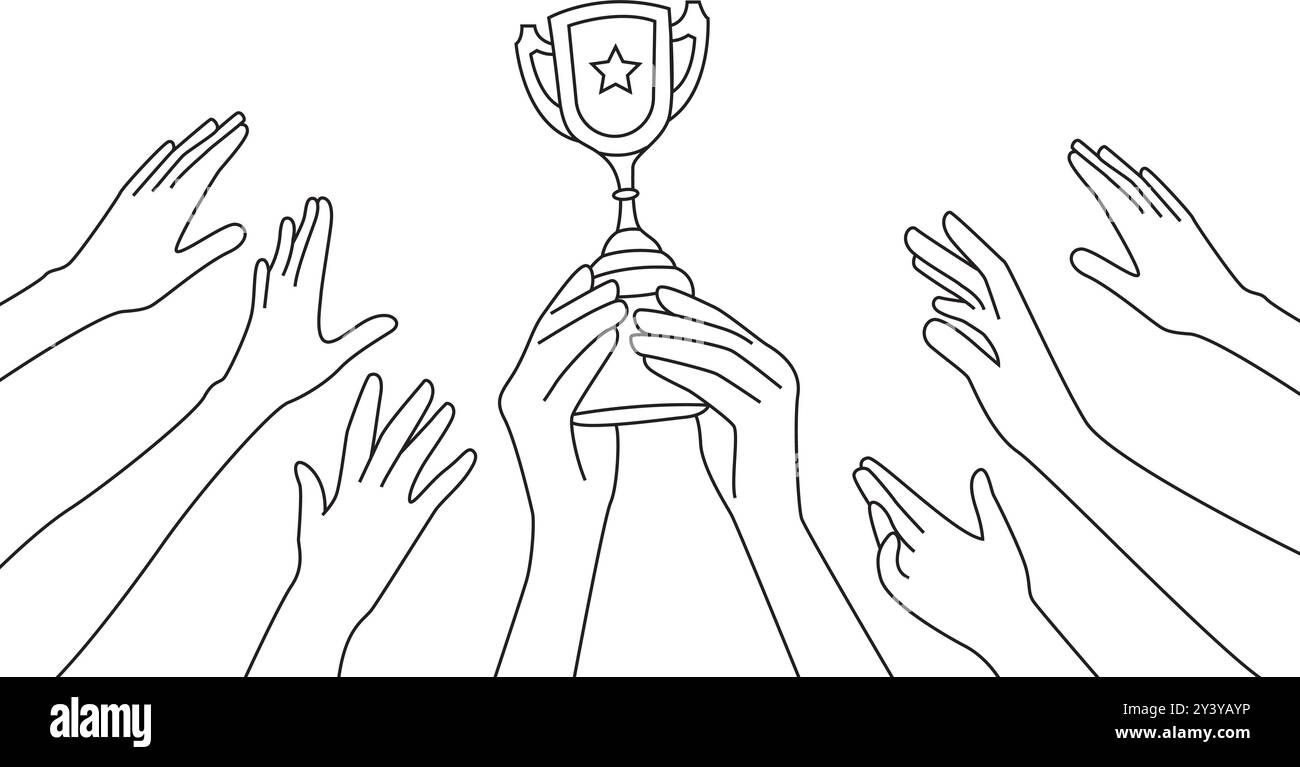 Winning team with trophy cup against in sky line art vector icon Stock ...