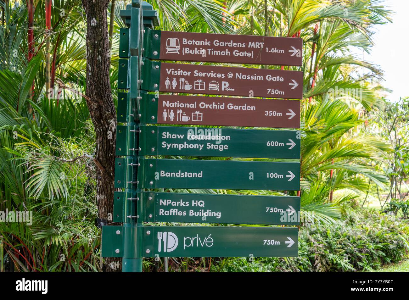 A visitor’s garden location sign in the Botanic Gardens in Singapore ...