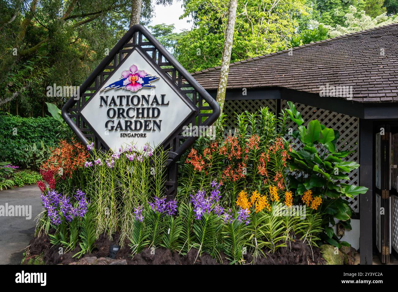 A large sign, ‘National Orchid Garden’ at the main entrance to the ...