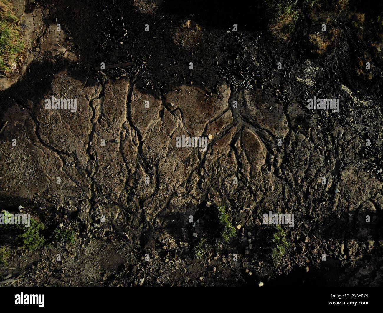 Top Down point of view of a destroyed land, garbage dump, land and ...