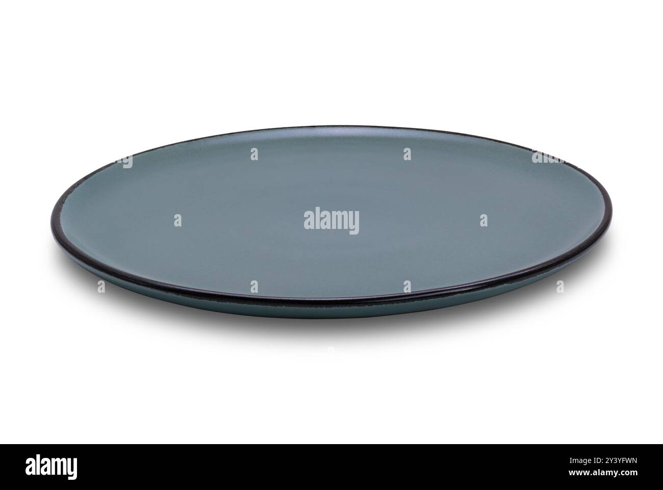 High angle view of single empty grey, blue color ceramic plate with ...