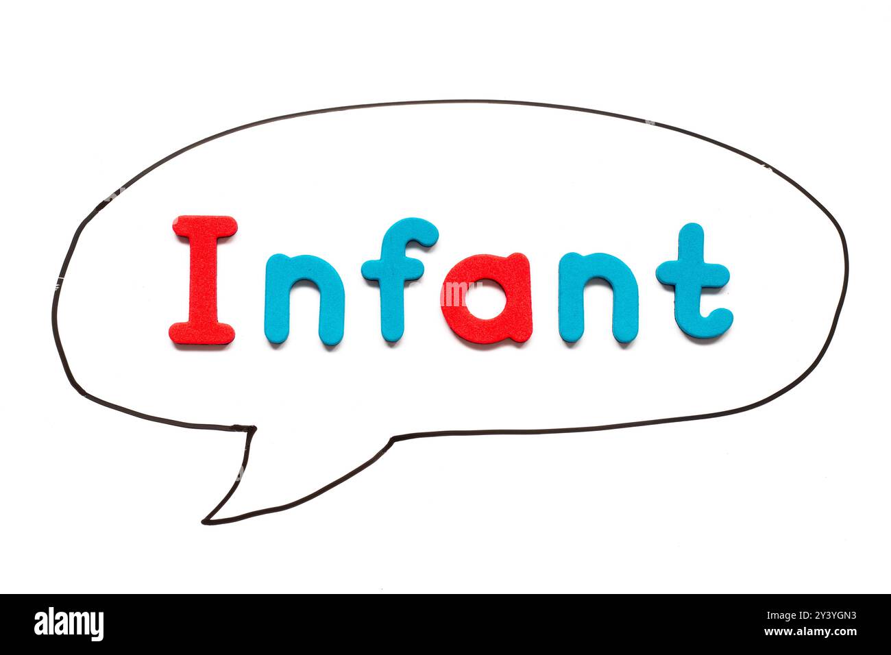 Alphabet letter with word infant in black line hand drawing as bubble ...