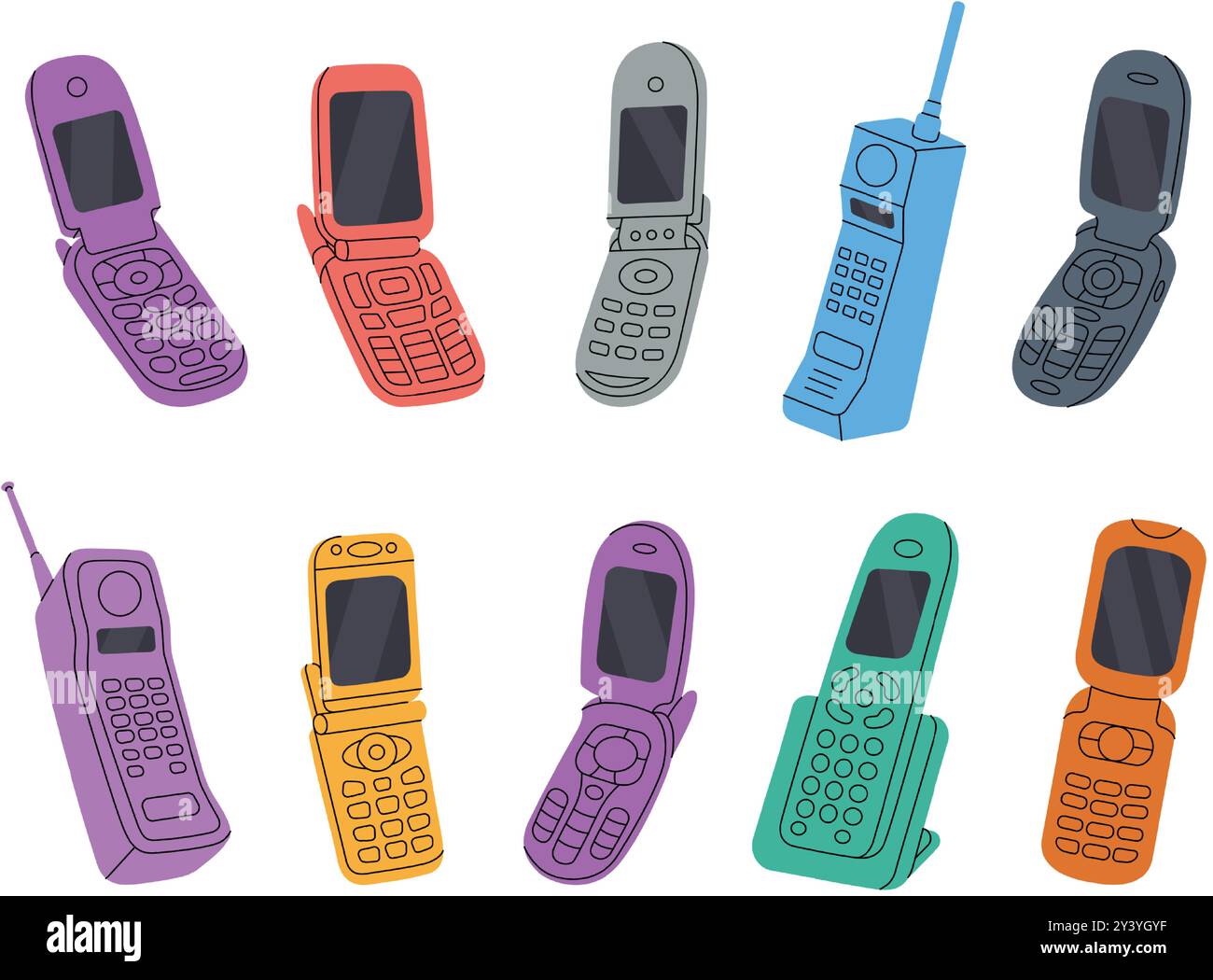 Retro phones. Old communication gadgets. Retro electronic devices ...