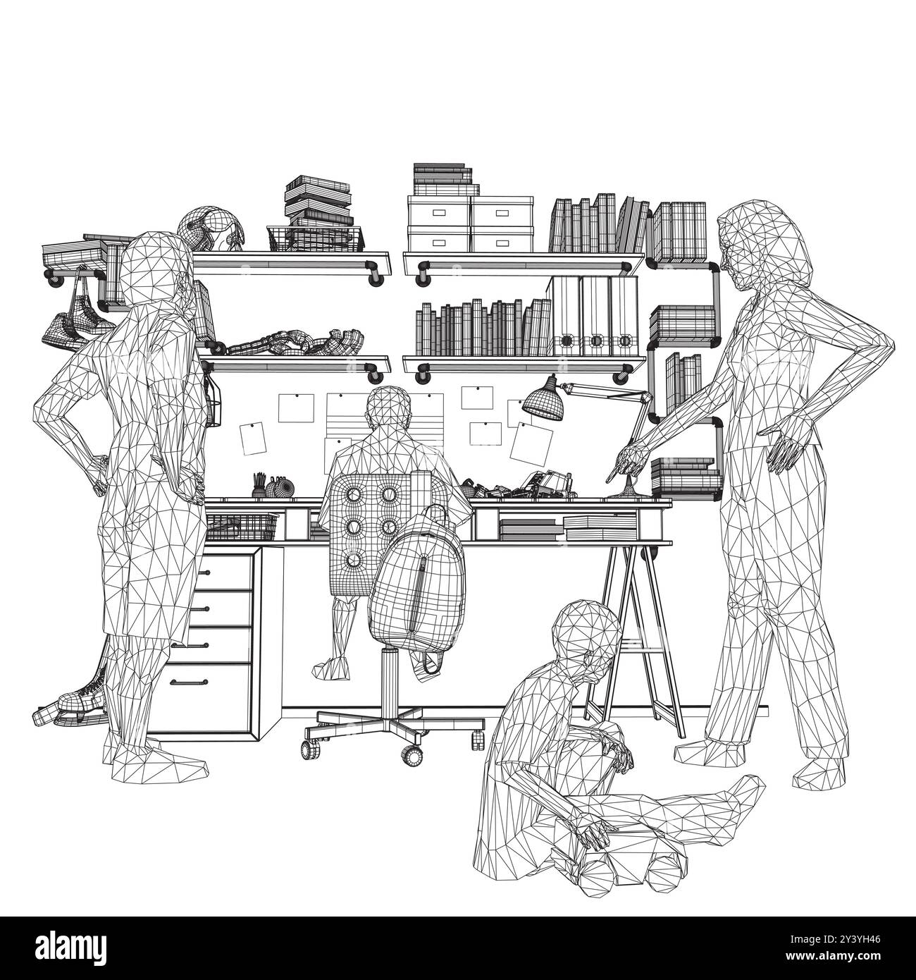 Wireframe of children room with table and many interior objects. Father ...