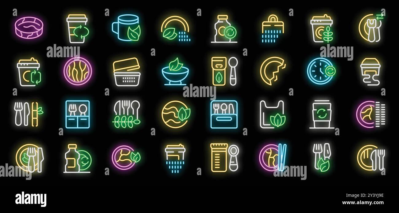 Set of zero waste kitchen reusable neon bright icons, recycling food ...
