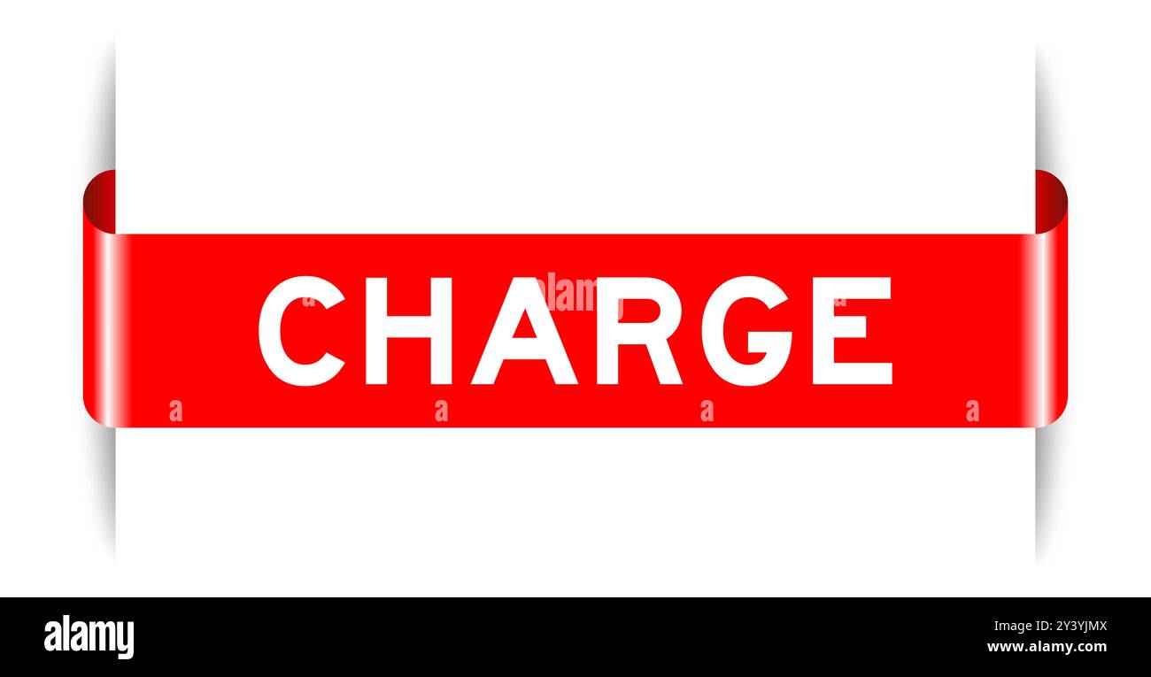 Red color inserted label banner with word charge on white background ...