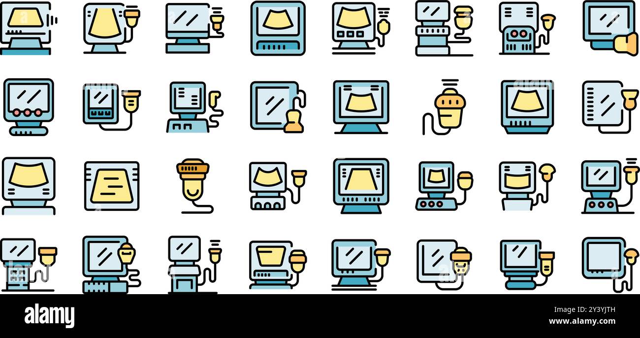 Ultrasound machine icons set showing medical scanners for pregnancy and ...