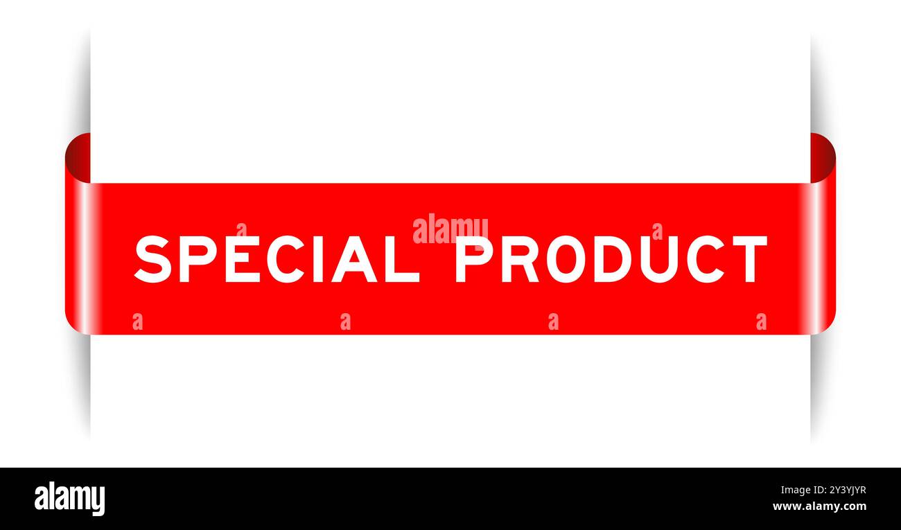 Red color inserted label banner with word special product on white ...
