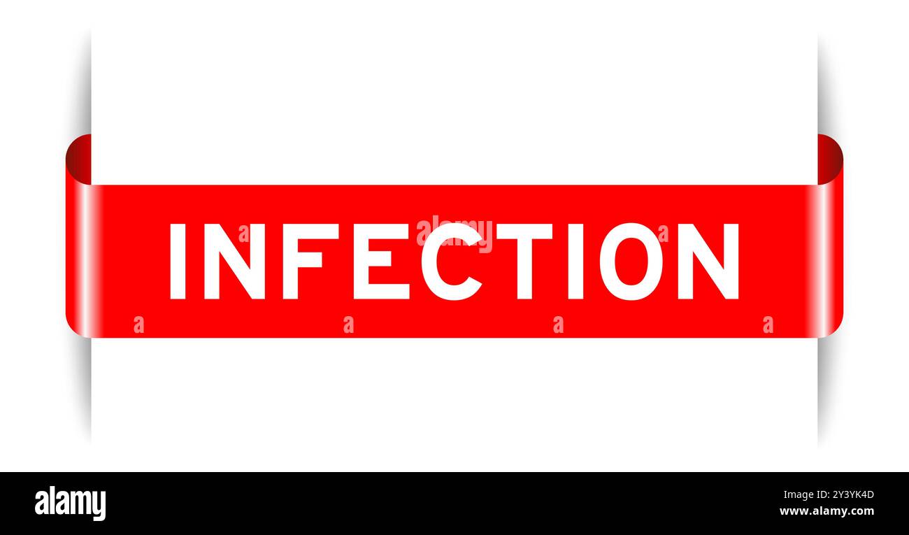 Red color inserted label banner with word infection on white background ...