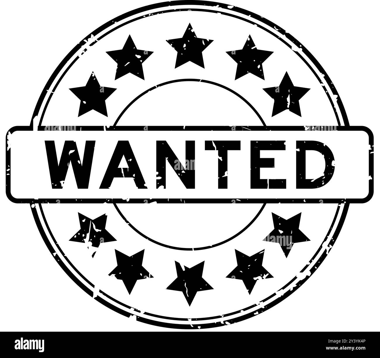 Grunge black wanted word with star icon round rubber seal stamp on ...