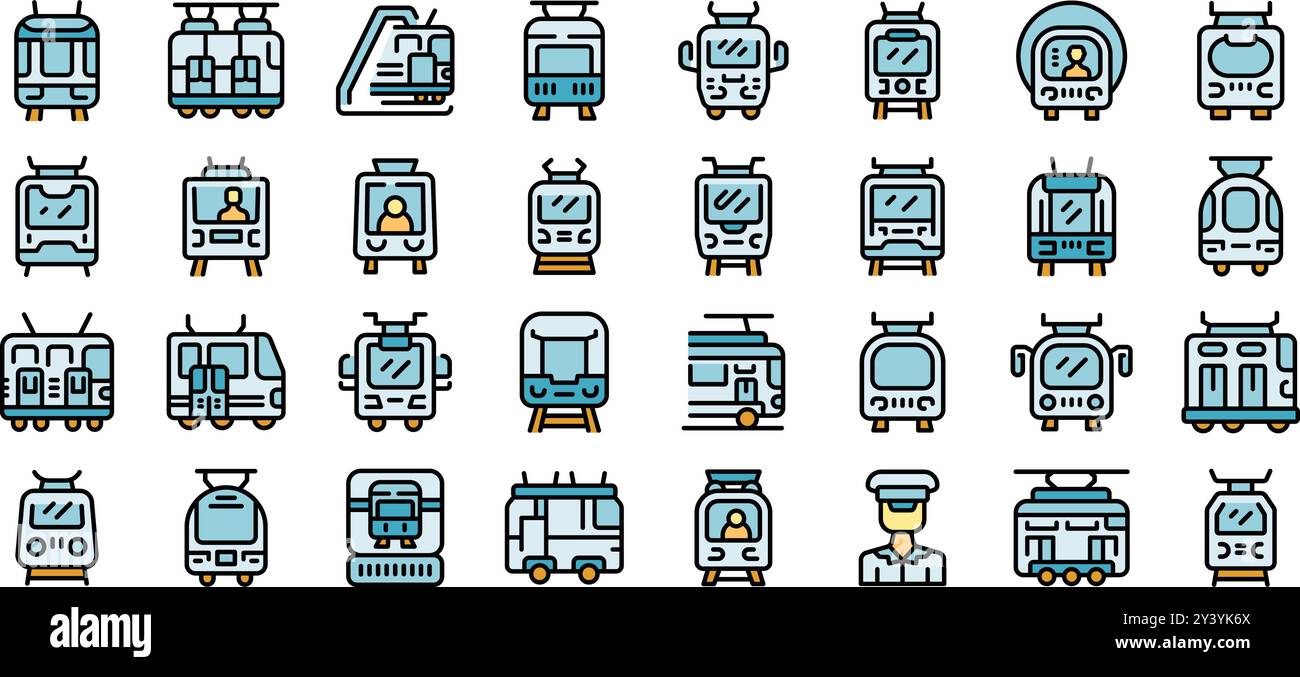 Tram icons set. Outline set of tram vector icons thin line color flat ...