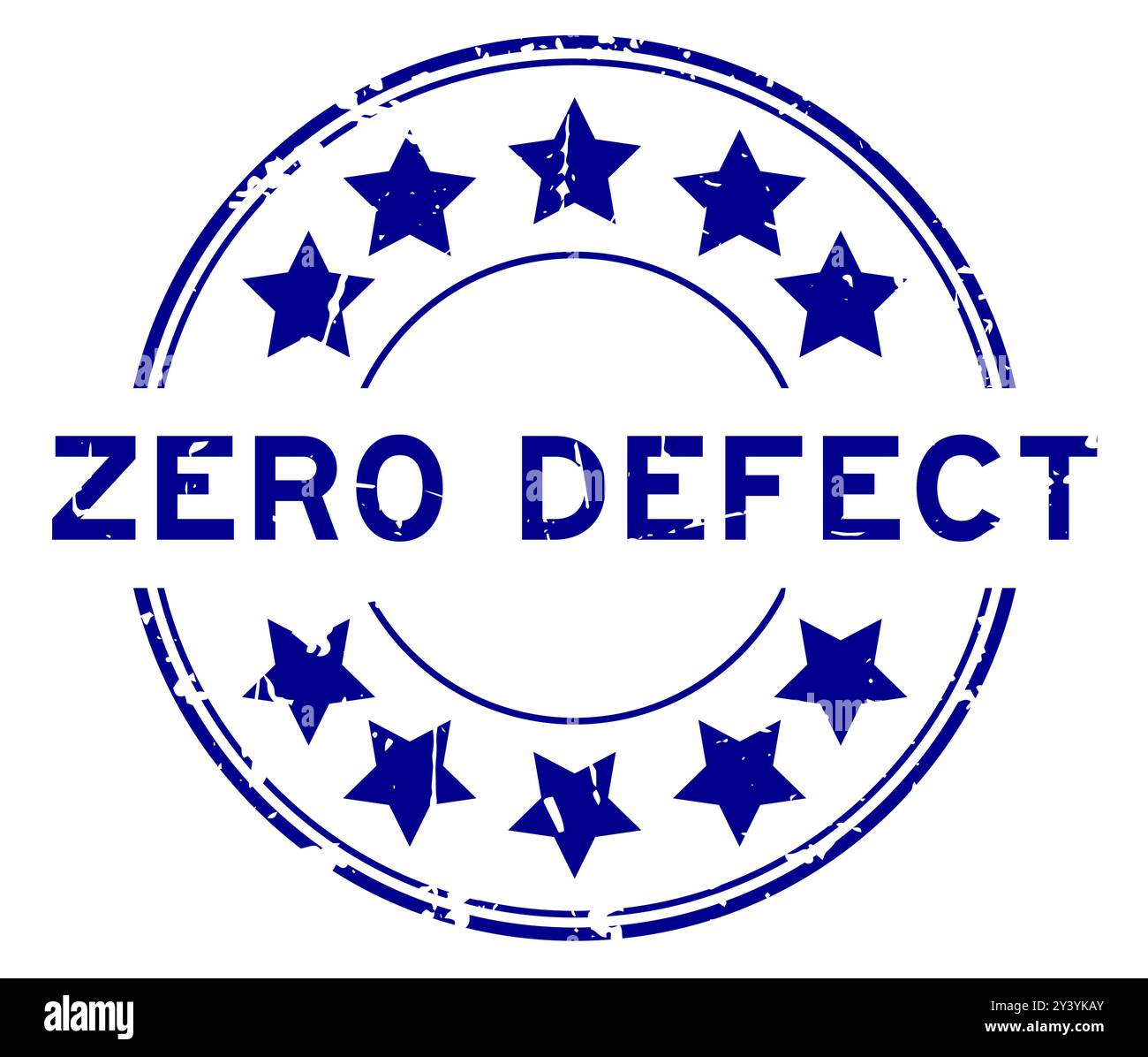 Grunge blue zero defect word with star icon round rubber seal stamp on ...