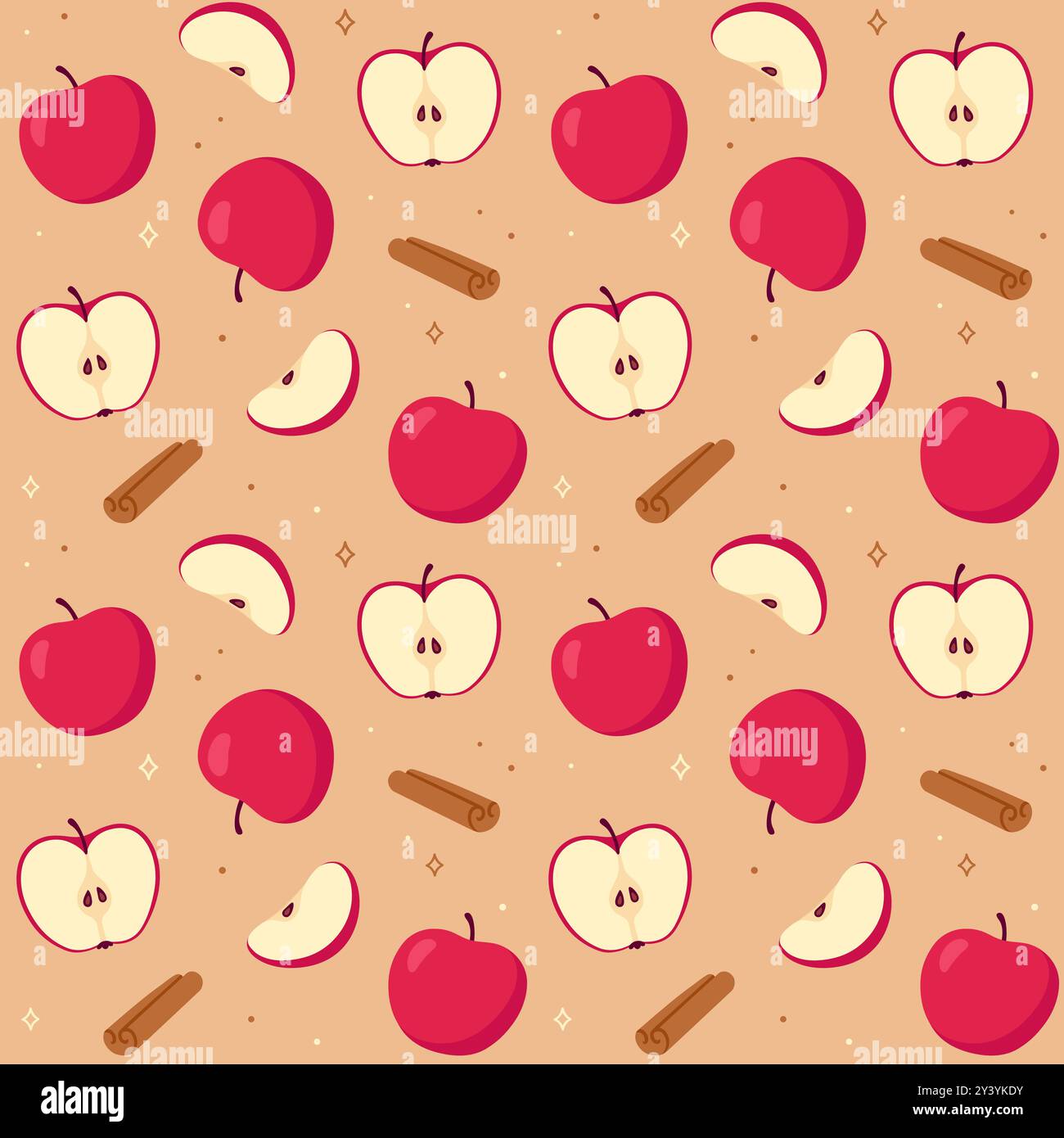 Apple pie ingredients seamless pattern. Doodle drawings of red apples and cinnamon sticks ...