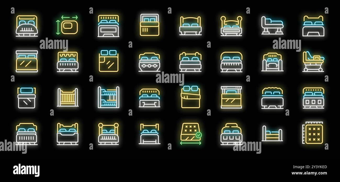 Set of colorful neon icons showing different bed styles for sleep and ...