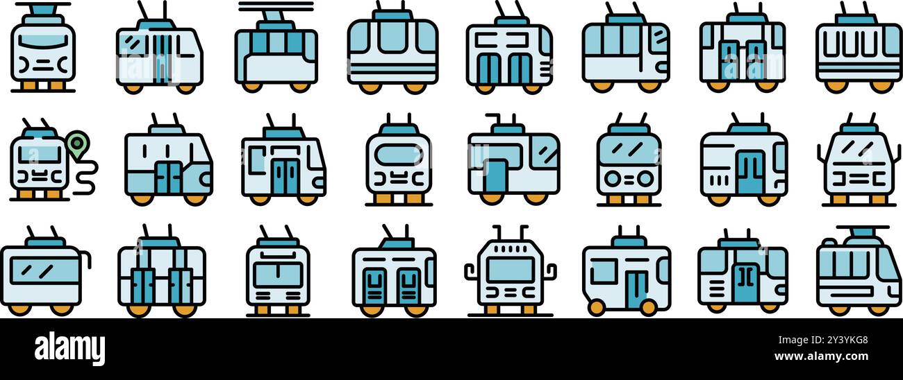 Trolleybus icons set. Outline set of trolleybus vector icons thin line color flat on white ...