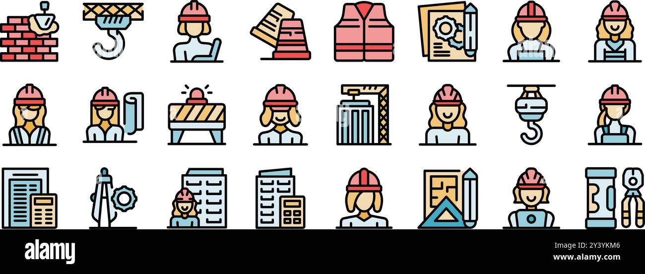 Collection of colorful icons representing women working in construction ...