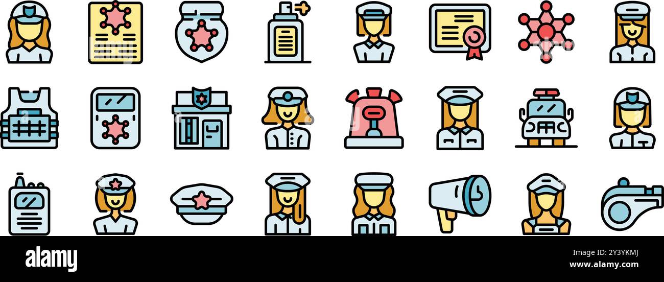 Policewoman icons set, female police officer working symbols pack in ...
