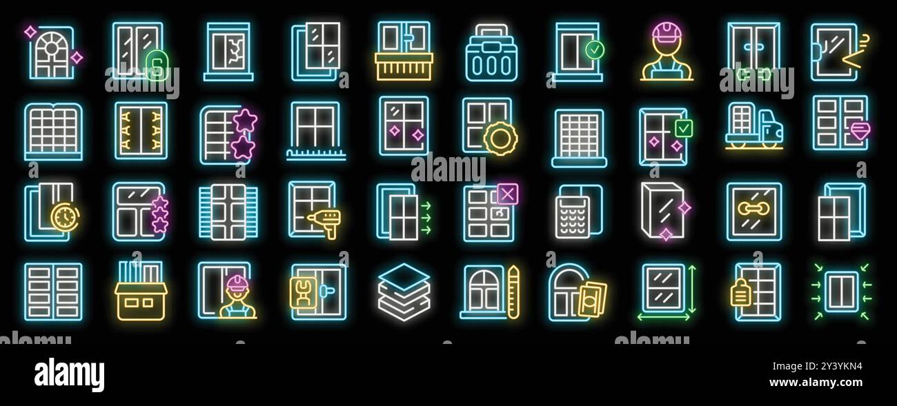 Windows installation and repair service neon icons set. Glowing sign ...