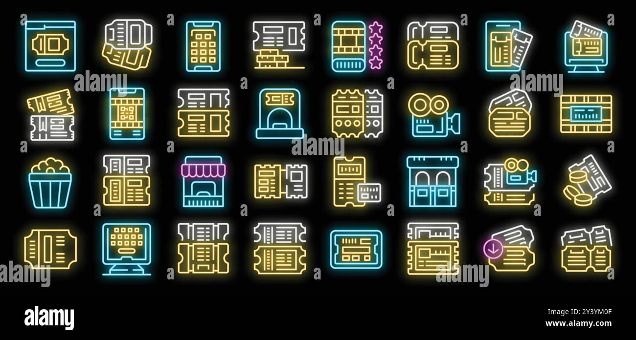 Big set of neon ticket icons showing ticket purchase, online booking ...