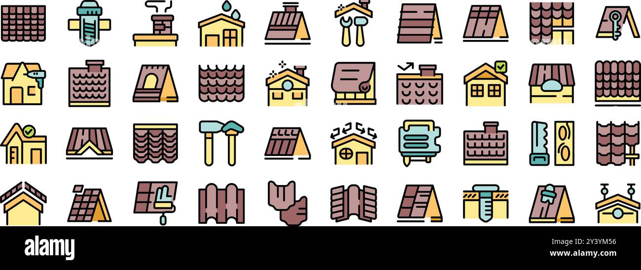 Roofing construction with roofer repair home and roof installation icons set. Outline set of ...