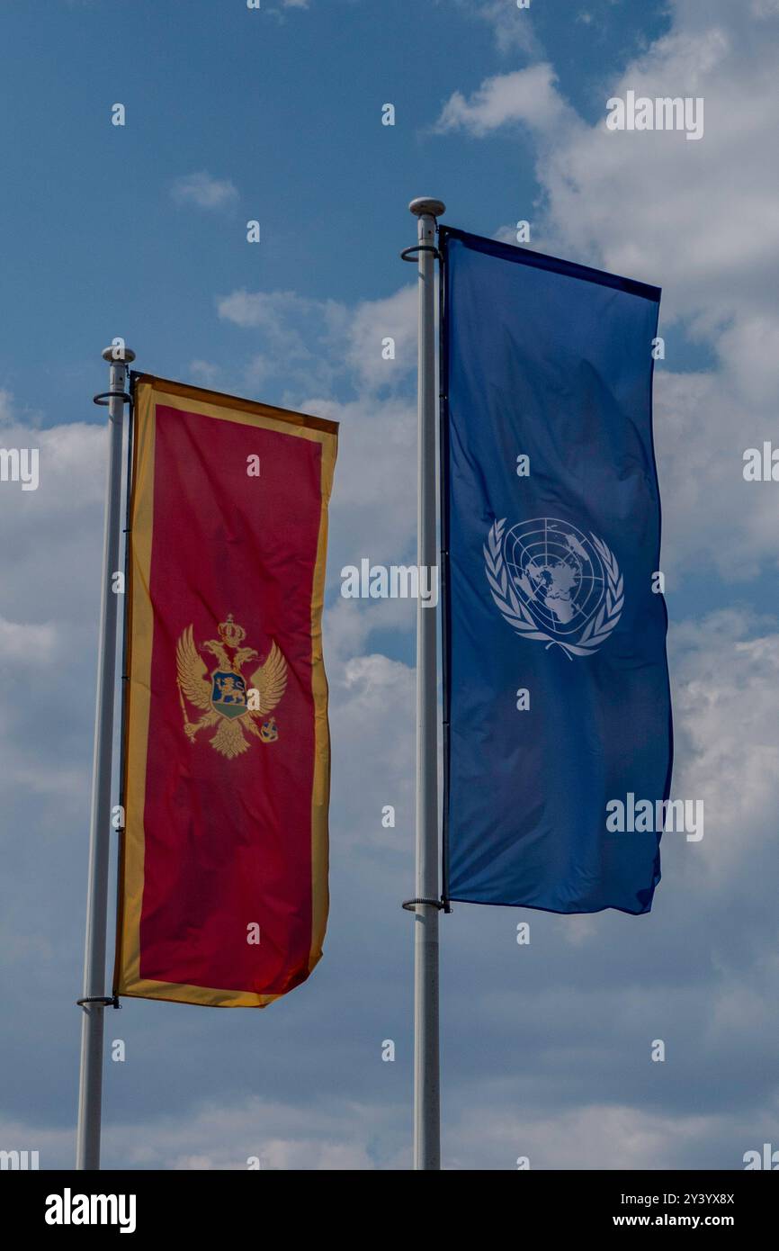 Podgorica, Montenegro, August 5, 2024. Montenegro flag and United ...