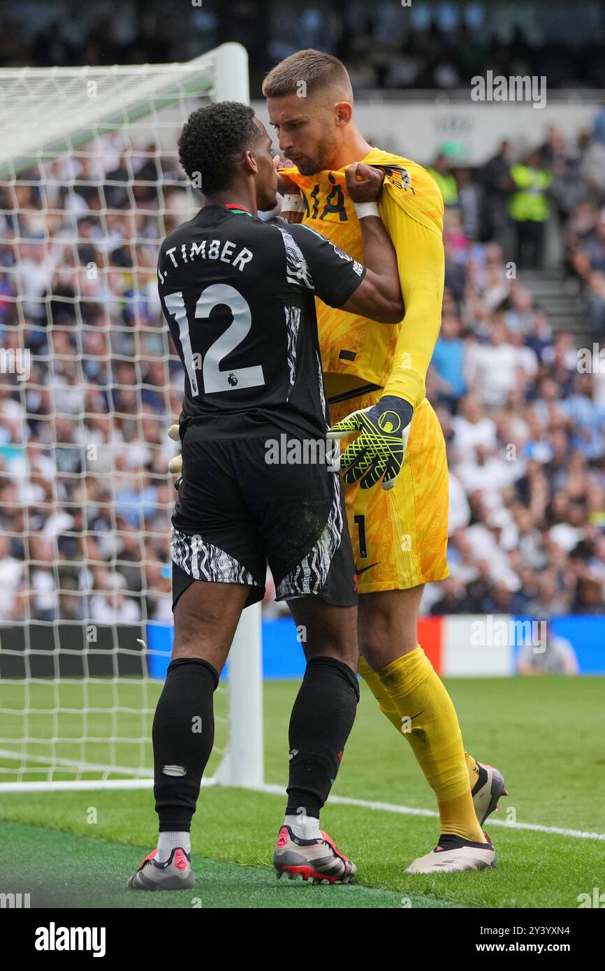 Arsenal's Jurrien Timber and Tottenham's goalkeeper Guglielmo Vicario ...