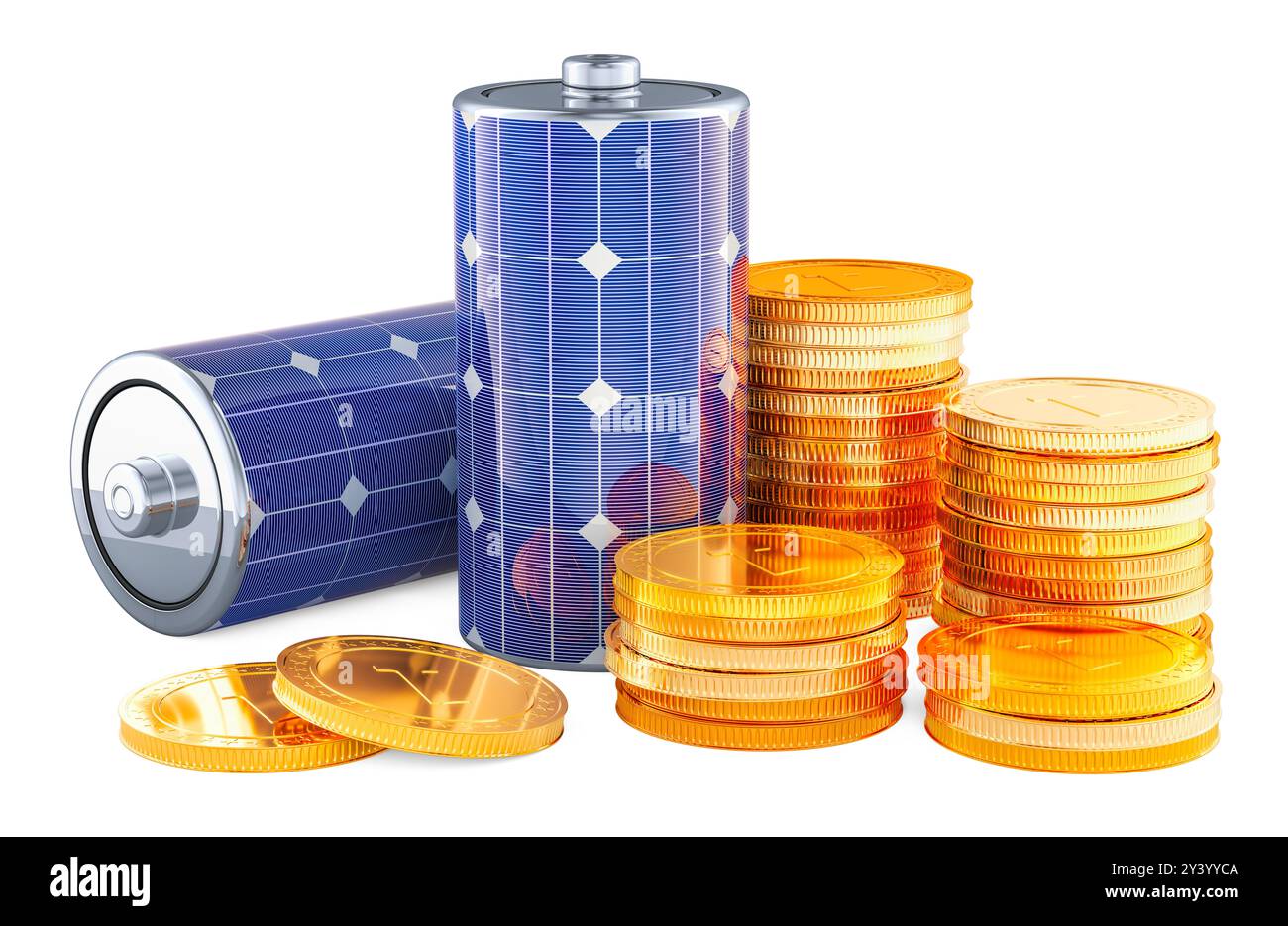 Saving energy consumption, concept. Batteries with solar panel and ...