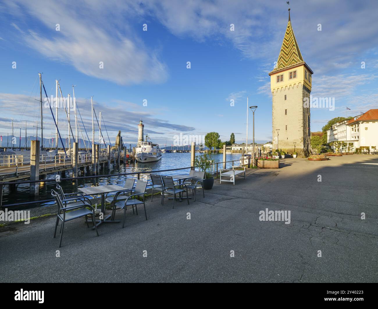 Lindau island with man tower, Lindau harbour with ship, Lake Constance ...