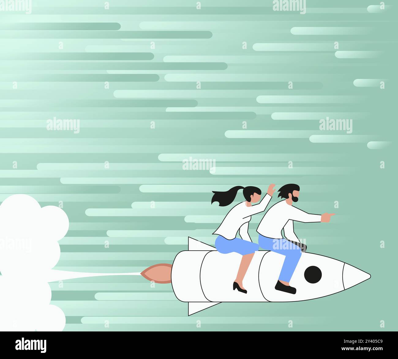 Illustration Of Happy Partners Riding On Rocket Ship Exploring World ...