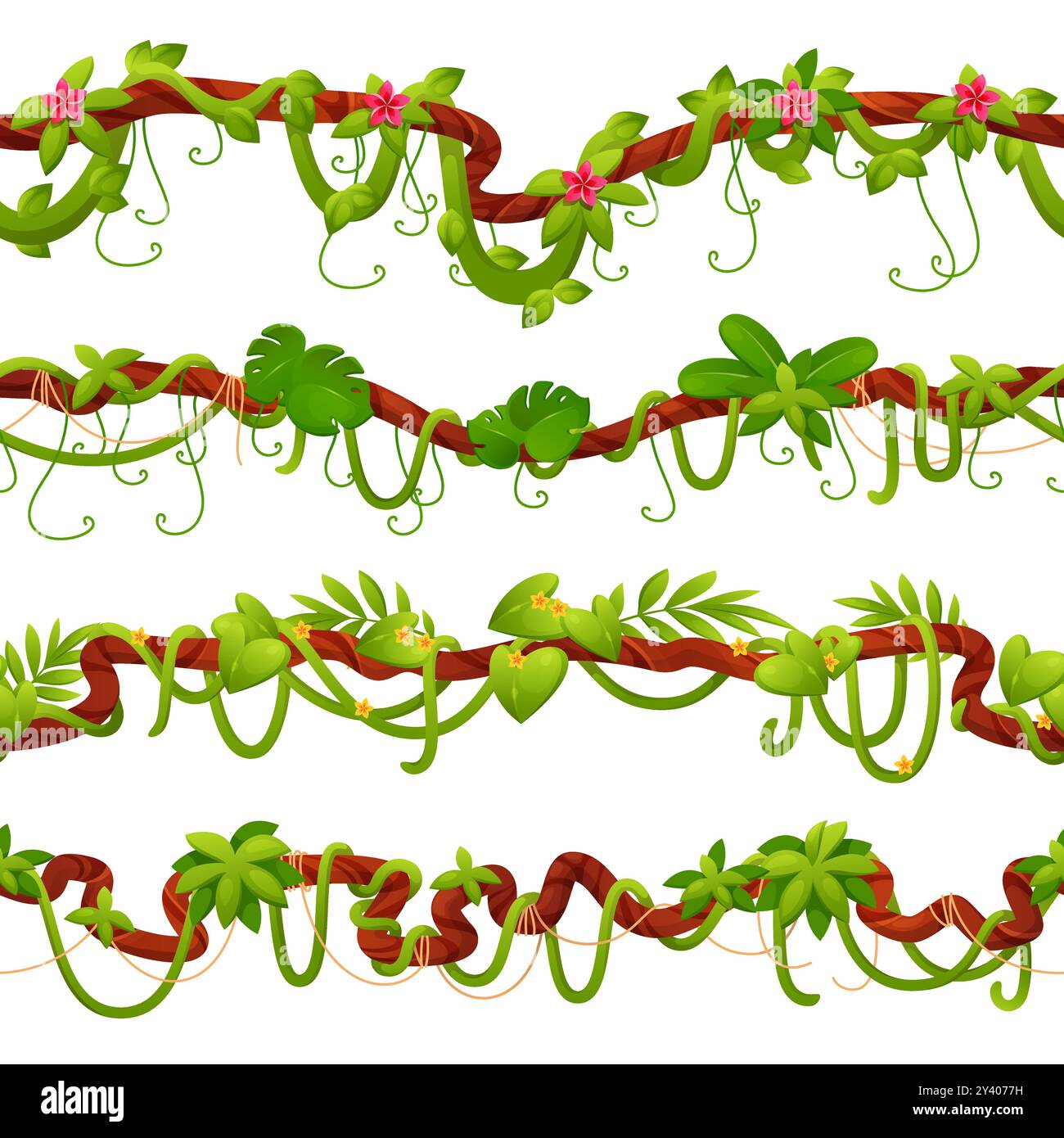 Jungle lianas borders. Seamless curved branches with tropical leaves ...