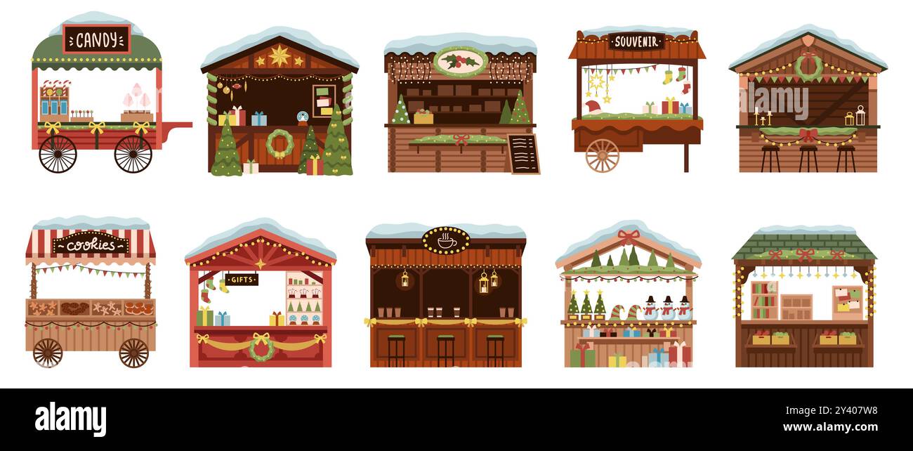 Christmas market stalls. Holiday souvenir shops, new year wooden kiosks ...