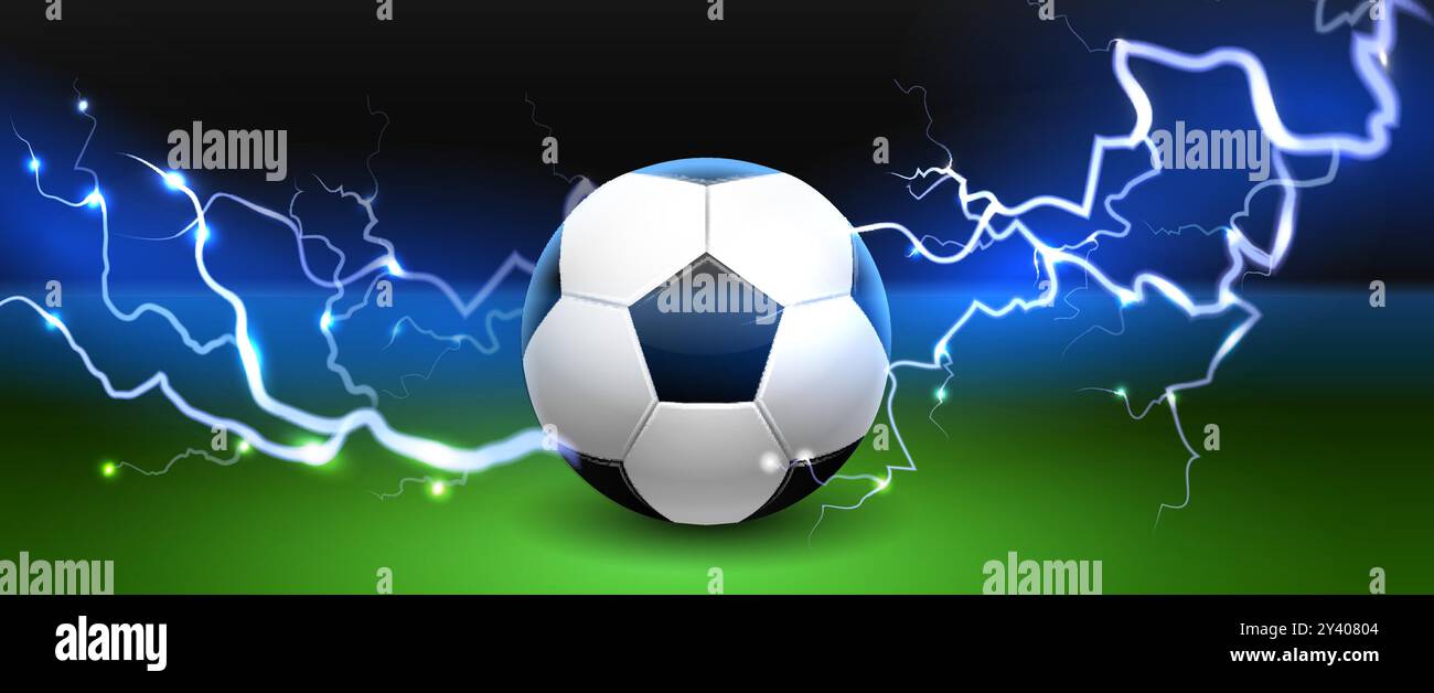 World Soccer ball lightning. Football match green stadium field with ...