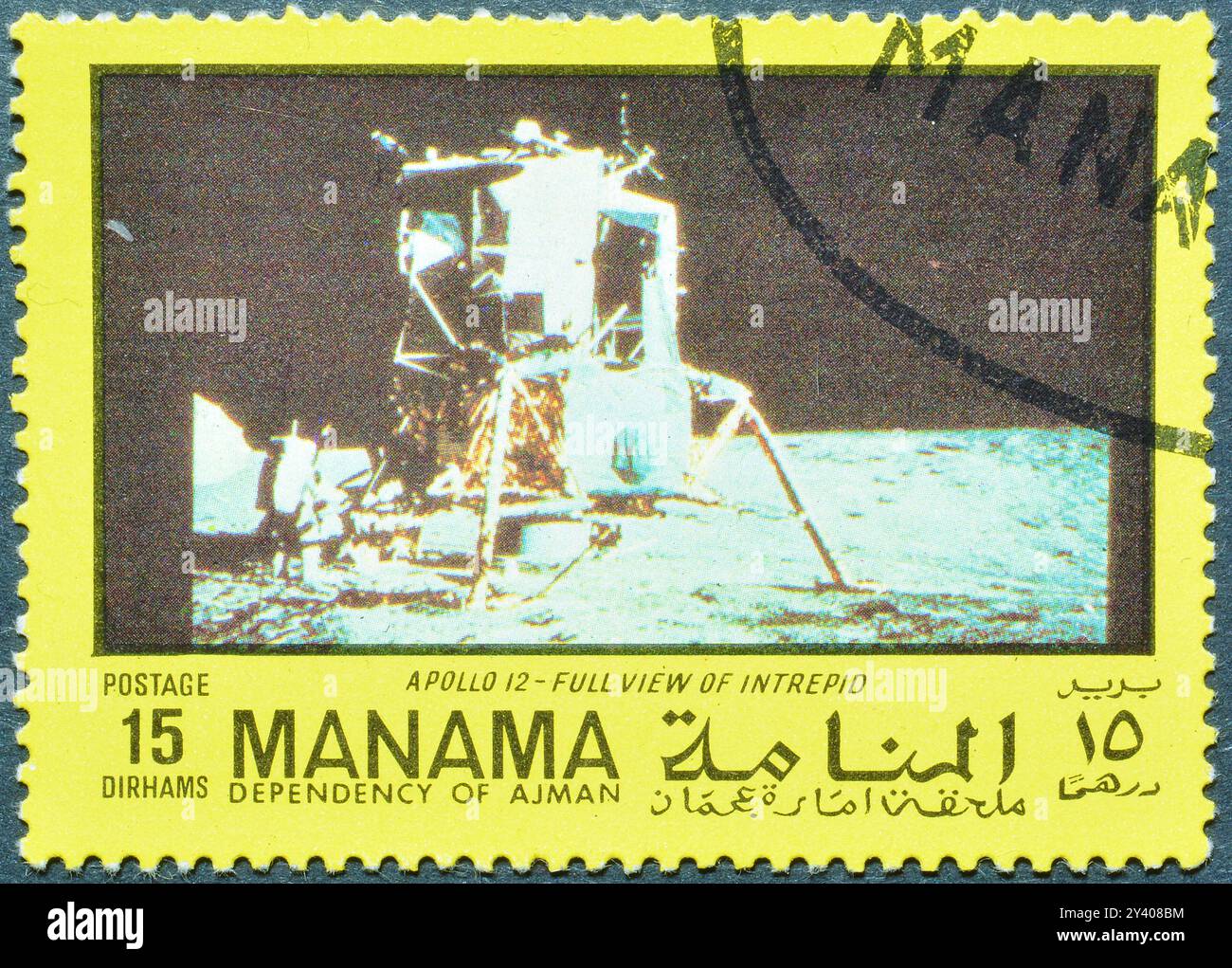 cancelled postage stamp printed by Manama, that shows Apollo 12 - Full ...