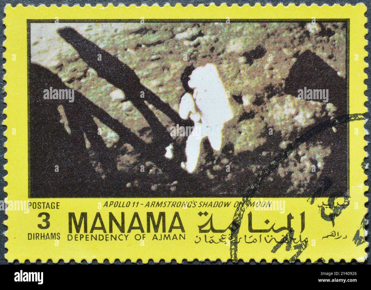 cancelled postage stamp printed by Manama, that shows Apollo 11 ...
