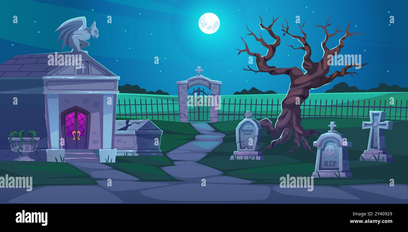 Night cemetery. Dark graveyard landscape, old stone tombstones and ...