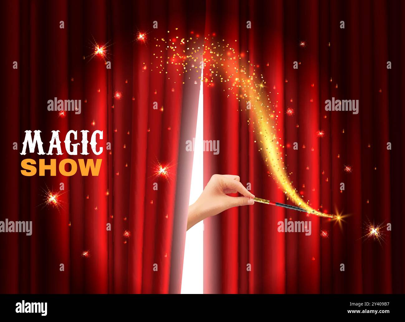 Magical show. Hand hold wand, red theater curtains. Horizontal banner ...