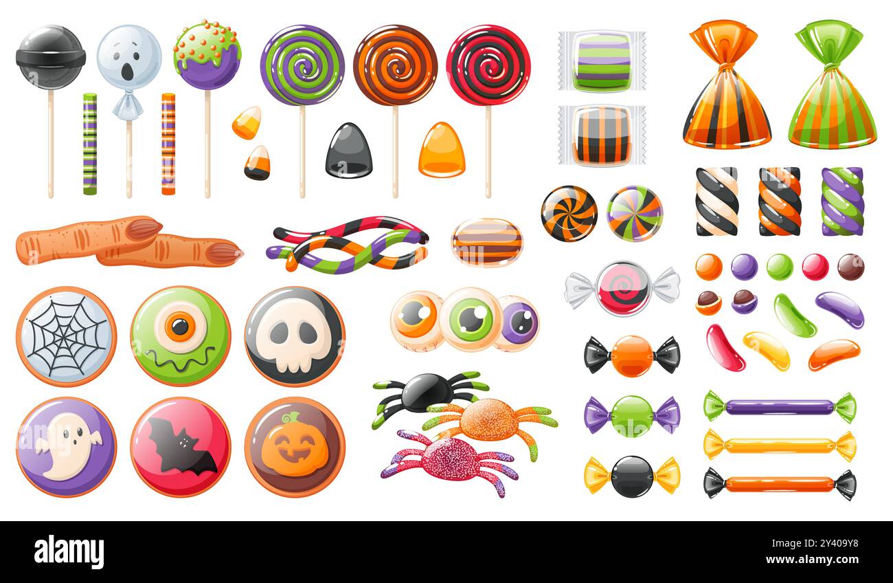 Cartoon halloween sweets. Funny candies, spooky lollipops and scary ...