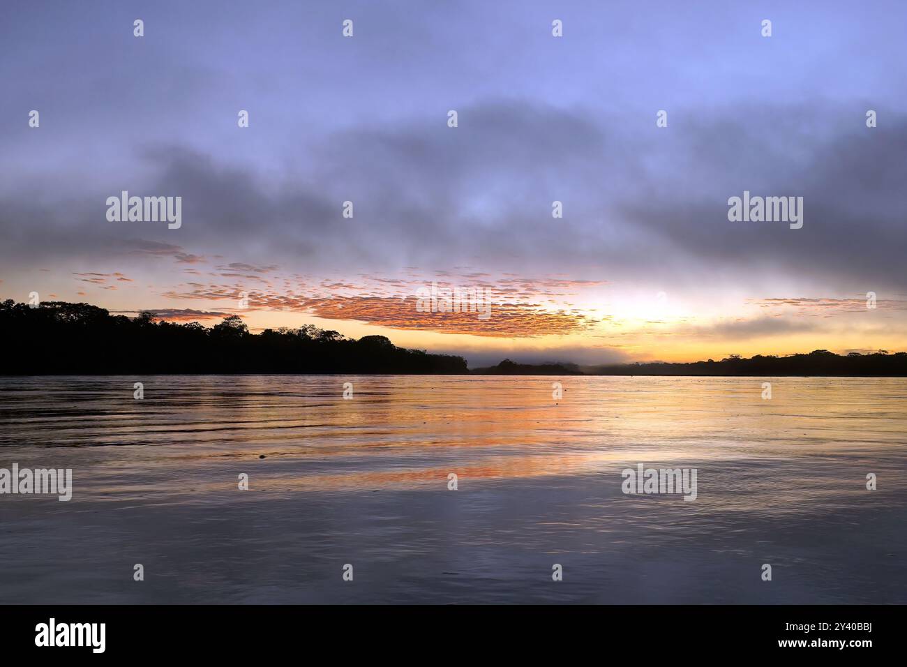 sunrise, Napo River, Amazon rainforest, Yasuní National Park, Ecuador ...