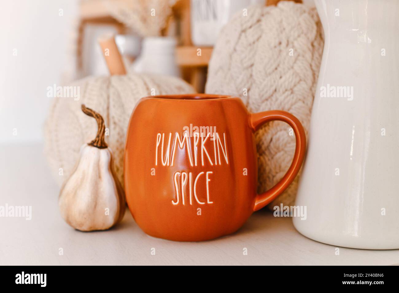 Germany - November 2024: Orange pumpkin shaped Rae Dunn mug with text ...