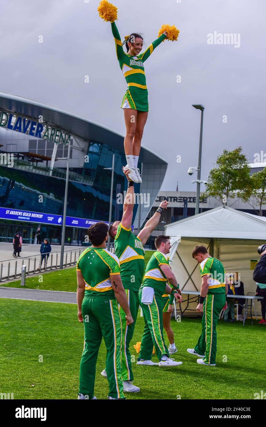 Australian cheerleading squad are seen showing off their skills at the ...