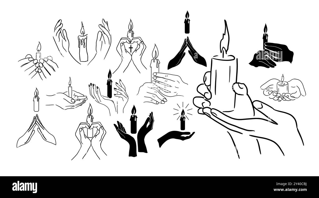 Candle in hands prayer. Set of religious symbols of faith in God. hand ...