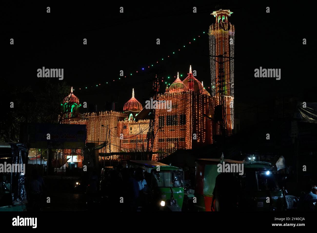 A mosque is decorated with lights for the upcoming Mawlid al-Nabi ...